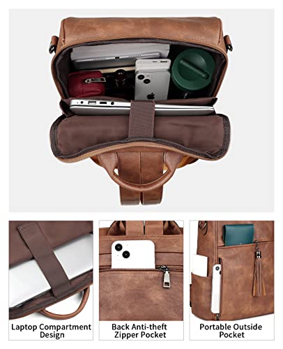 FADEON Laptop Backpack Purse for Women Large Designer PU Leather Laptop Bag, Ladies Computer Shoulder Bags