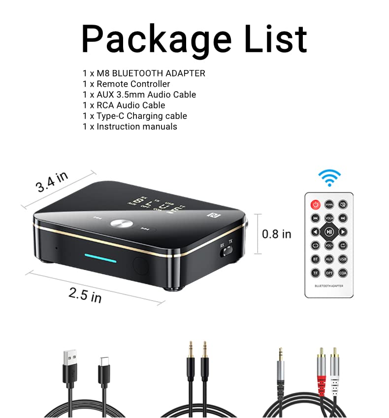 PONYBRO Bluetooth 5.0 Audio Receiver Transmitter 2 in 1 with Remote, Bluetooth Hi-Fi Audio Adapter with 3.5mm&RCA,COAXIAL,Optical,NFC,Aptx-LL for Home and Car Stereo, AV Receiver or Amplifier