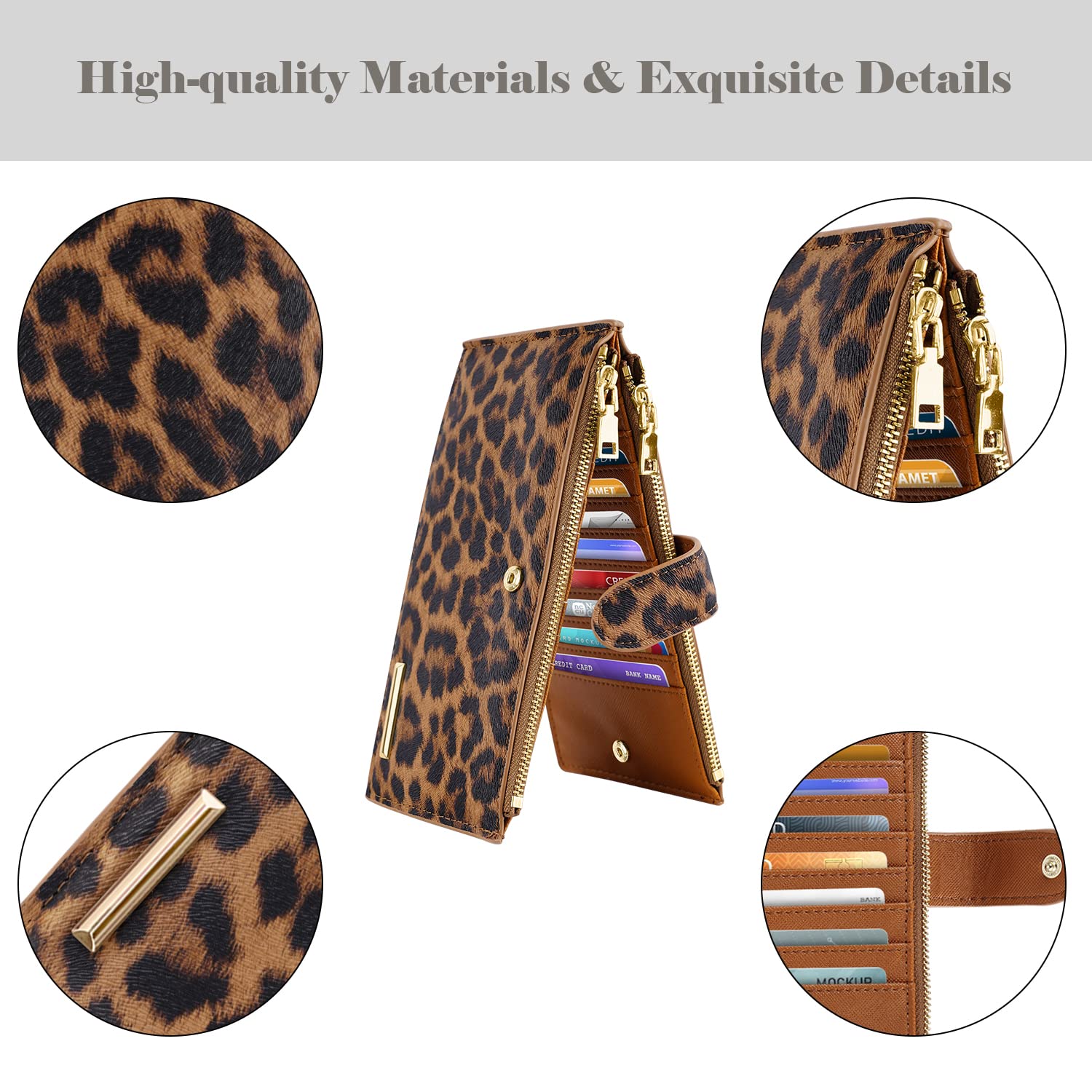 Coco Rossi Womens RFID Blocking Glitter Leather Multi Card Organizer Bifold Black Wallet with Zipper Pocket,Leopard