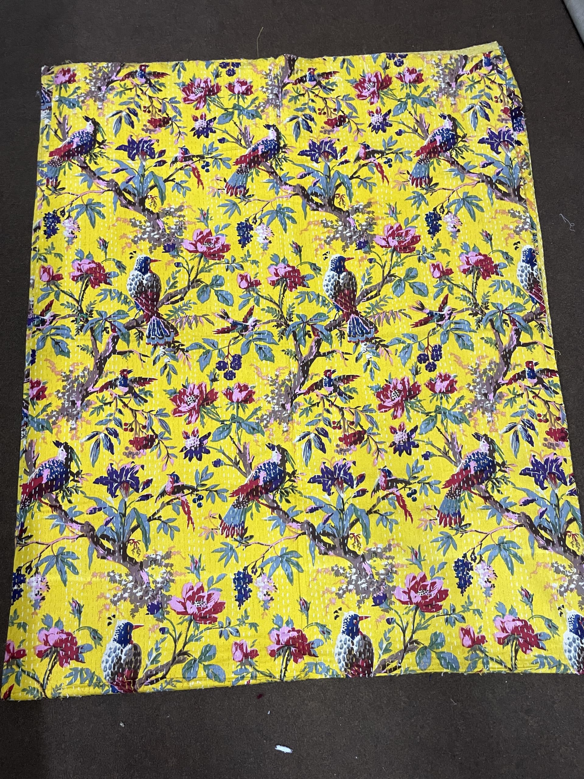 Birds Print Indian Cotton Hand Stitched Kantha Quilt Bedding Throw Bedcover Queen Size Blanket Home Decorative Gudari Bedspread KQ-49