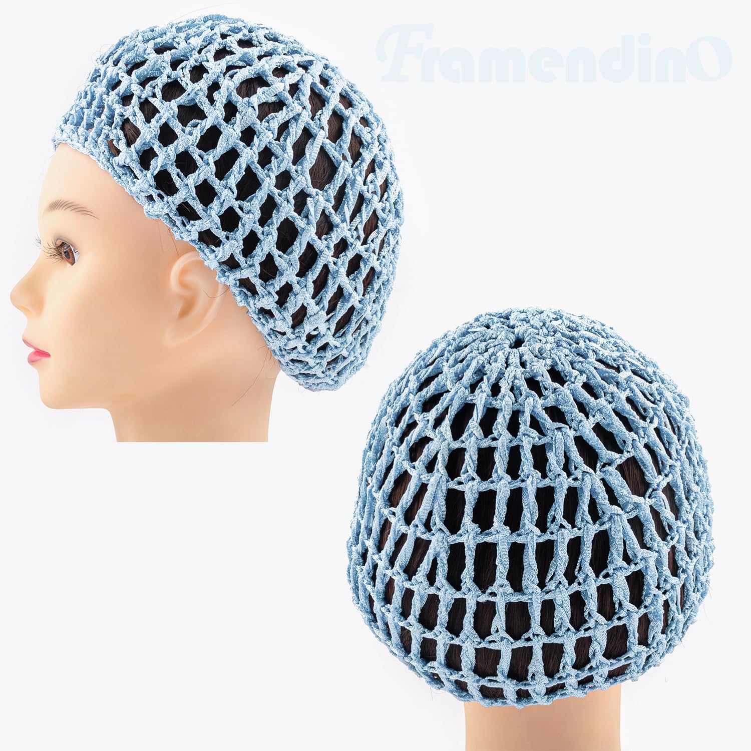 Framendino, 3 Pack Mesh Crochet Hair Net Rayon Knit Snoods Hat Thick Hairnet Snood Cover Ornament for Night Sleeping Hair Accessories (Blue & Black & Khaki)