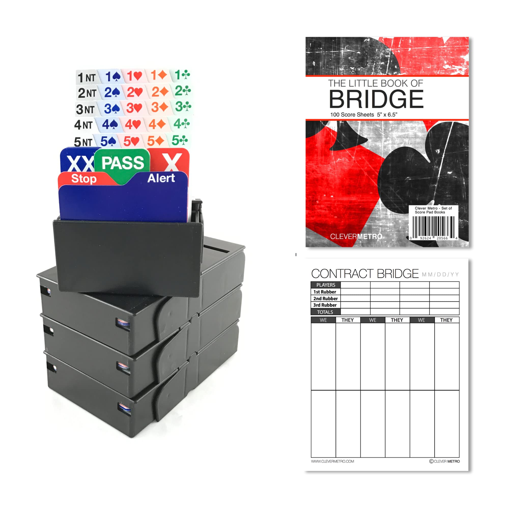 Jannersten Bid Buddy (Black) - Set of 4 Bridge Bidding Boxes with Cards + 200 Contract Bridge Score Sheets