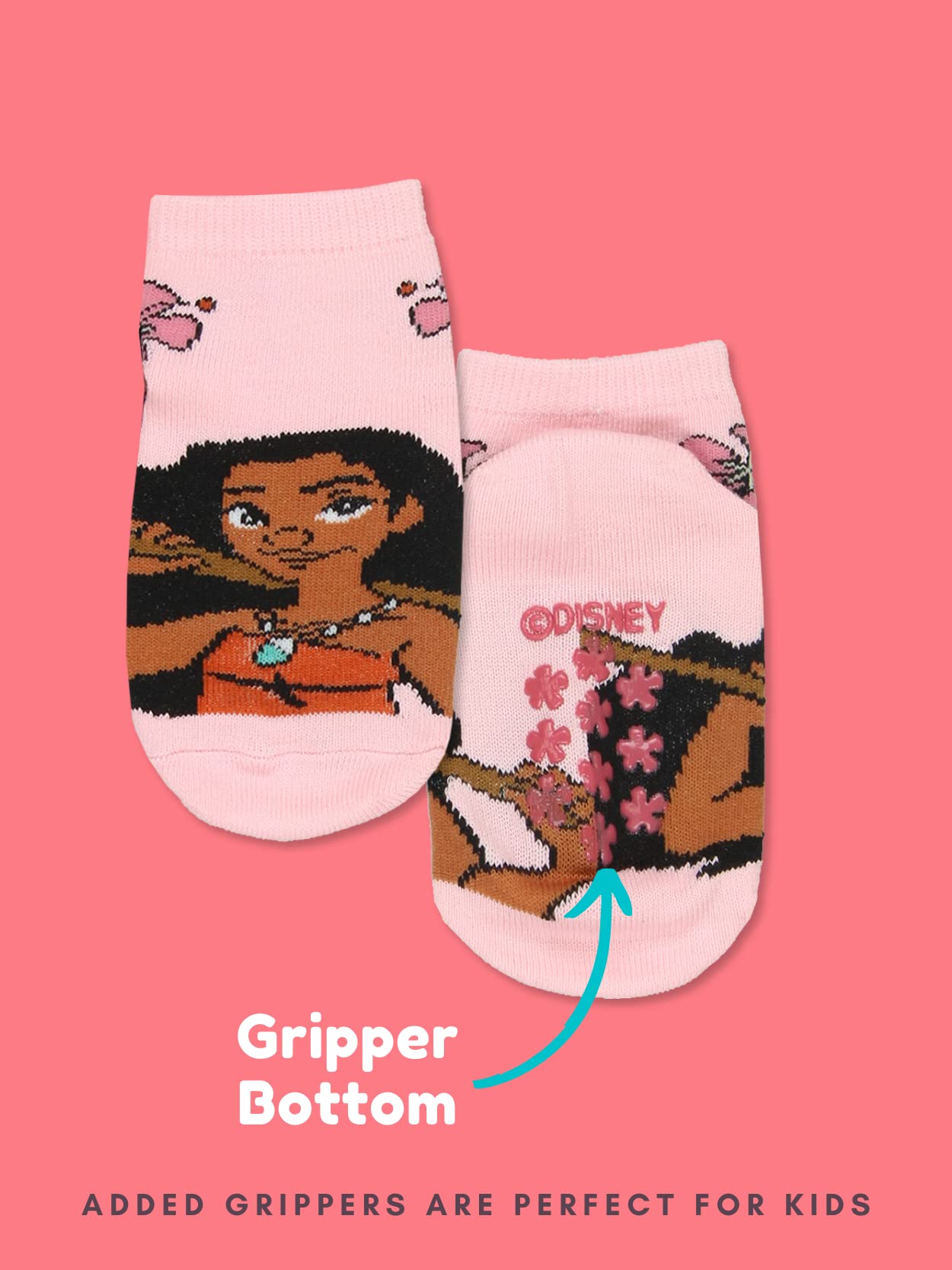 Disney Princess Moana Toddler Girls 6 Pack Quarter Style Socks with Grippers (Small (4-6), Blush)