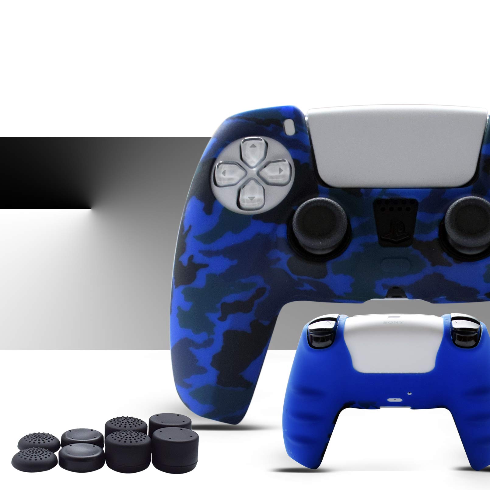 PS5 Controller Skin,Hikfly Silicone Cover for PS5 DualSense Controller Grips,Non-Slip Cover for PlayStation 5 Controller- 1 x Skin with 8 x Thumb Grip Caps(BlueCamo)