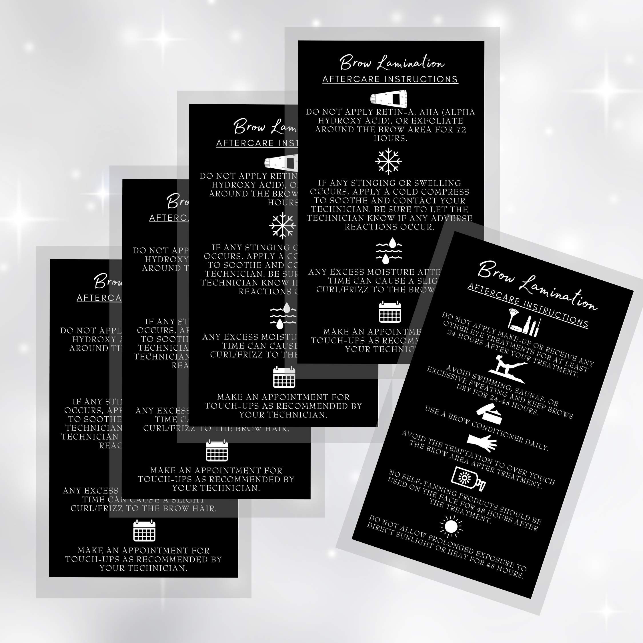 Brow Lamination Aftercare Instruction Cards | 50 Pack | 2x3.5β inches Business Card Size | Starter Lift Kit At Home DIY Brow Lift and Tint | Snatched Brows Black with White Icons Design