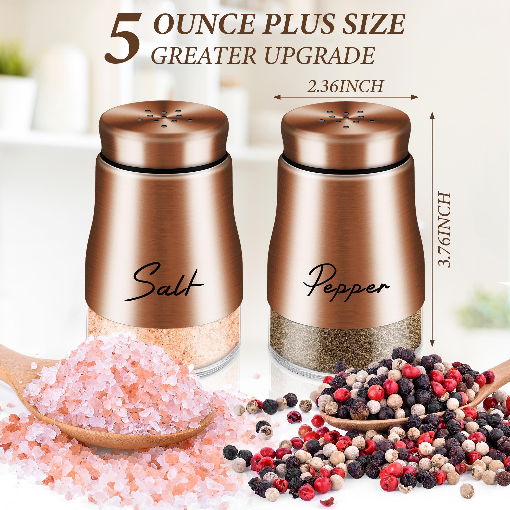 Copper Salt and Pepper Shakers Set, 5 oz Glass Bottom Salt Shaker with Stainless Steel Lid Modern Farmhouse Kitchen Decor and Accessories for Restaurant, Wedding, Housewarming Gifts (Copper)