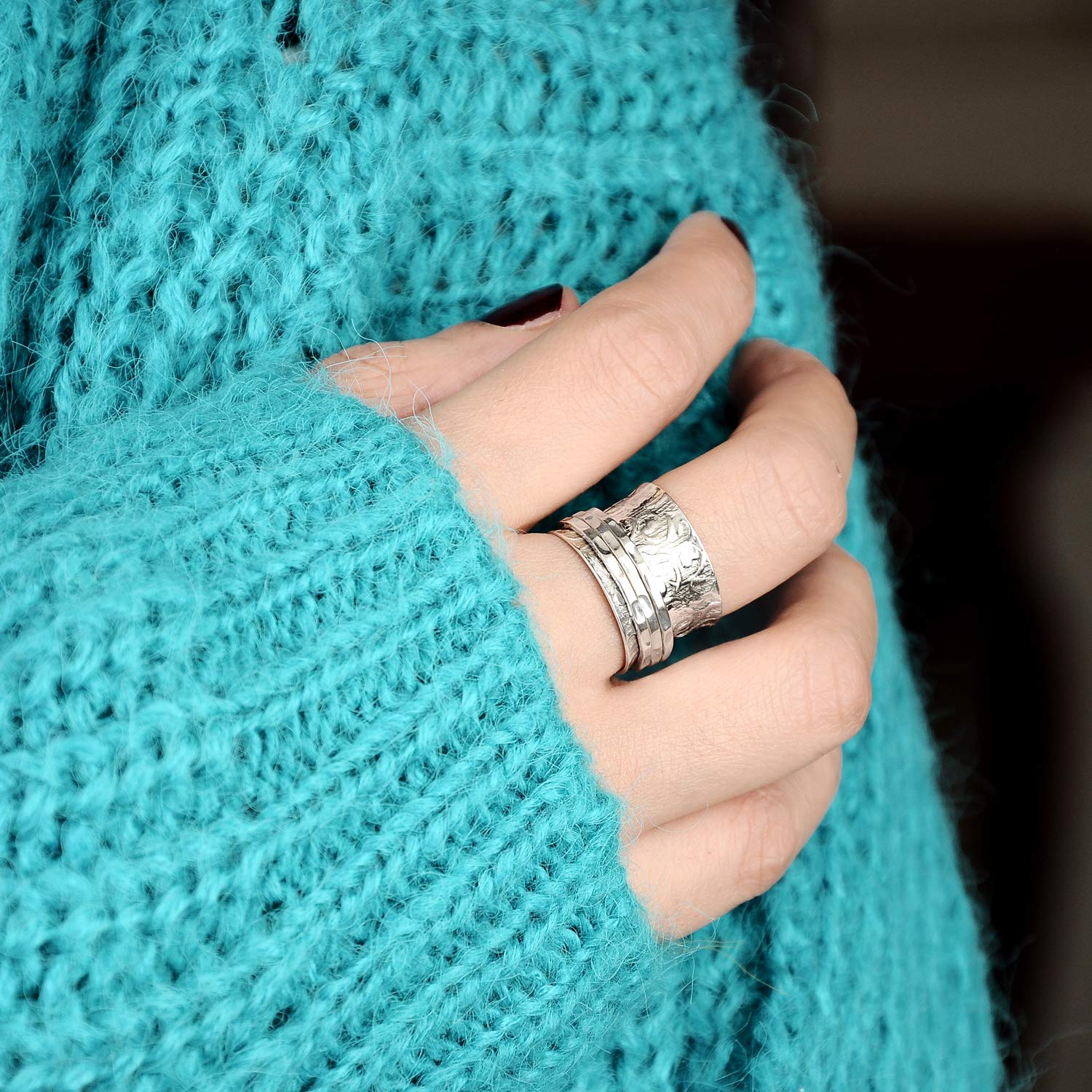 Boho-Magic 925 Sterling Silver Spinner Ring for Women | 3 Spinning Rings Bands | Fidget Meditation Anxiety | Wide Statement Chunky Jewelry Size 7-9 (8)