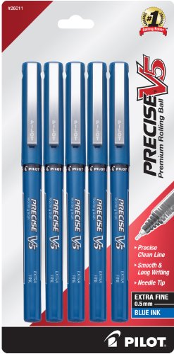 PILOT Precise V5 Stick Liquid Ink Rolling Ball Stick Pens, Extra Fine Point (0.5mm) Blue Ink, 5-Pack (26011)