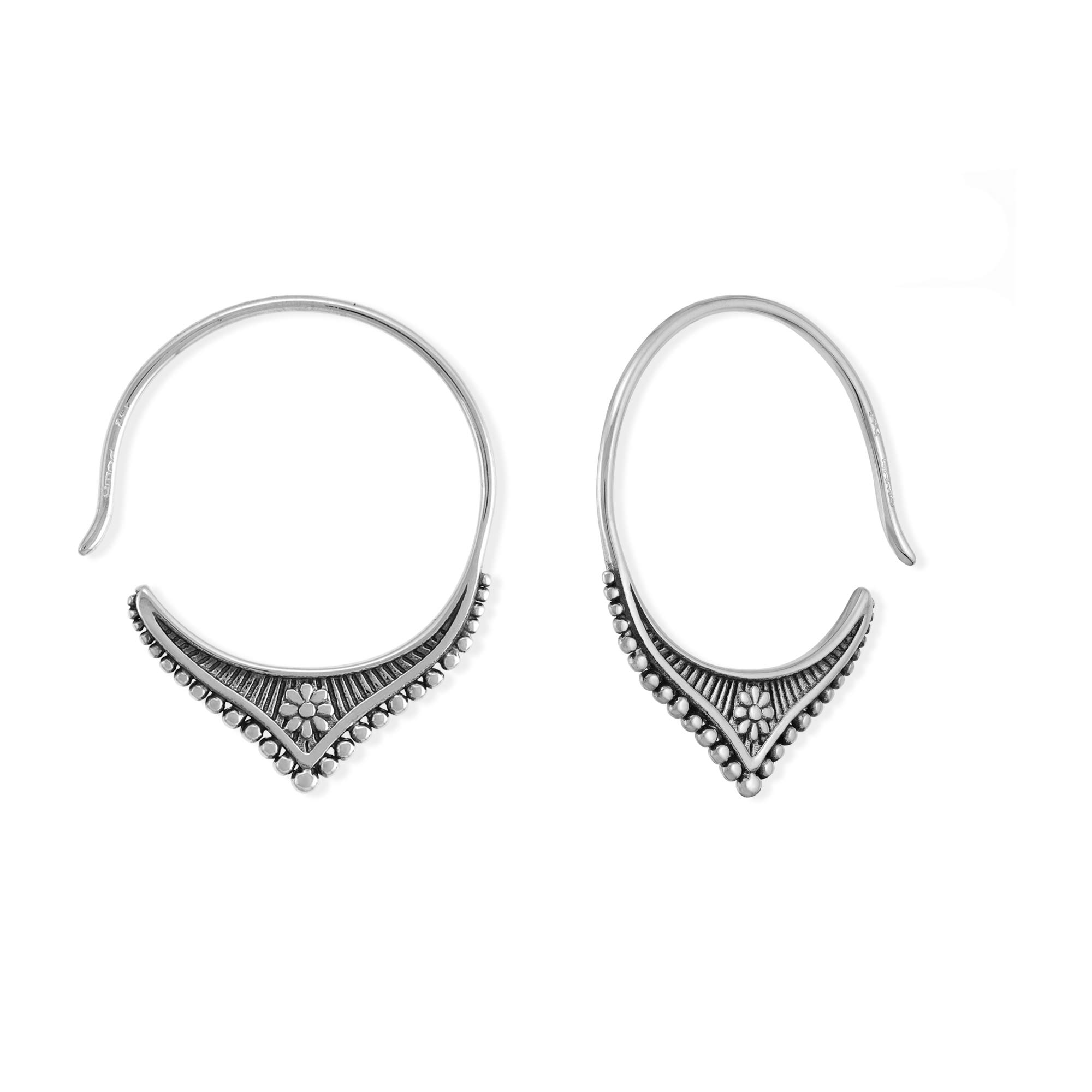 Boma Jewelry Sterling Silver Bali Style Boho Flower Pull Through Hoop Earrings