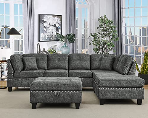 Evedy Modern Sectional, Living Room Furniture Sets,L-Shaped Storage Ottoman,Couch with Nail-Head Trim,3-Seaters Sofa with Extra Wide Reversible Chaise and 2 Small Pillows, Grey Fabric