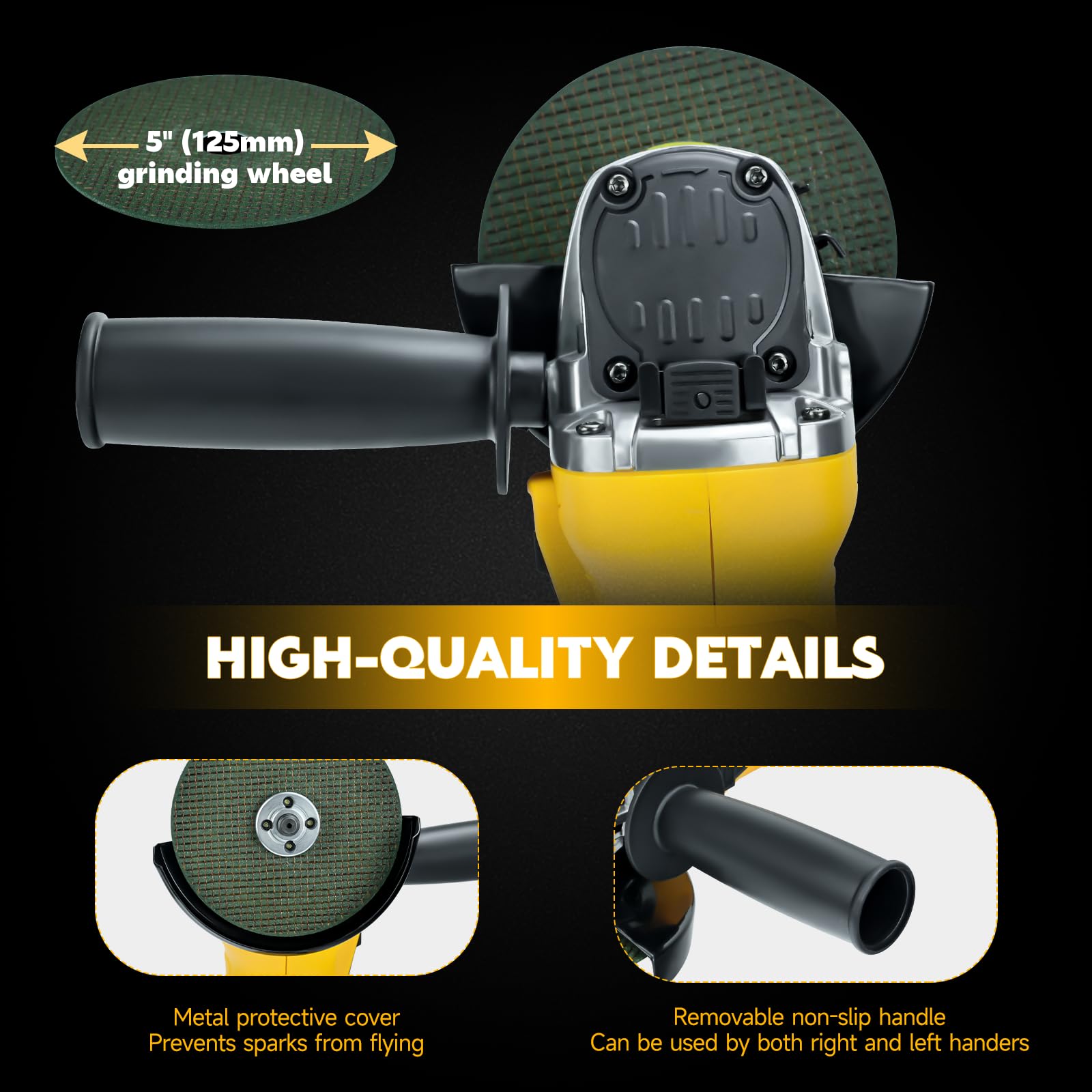 Cordless Angle Grinder for Dewalt 20v Batteries, 6600RPM Brushless Electric Grinder, 4 Variable Speed Metal Grinder for 4.9''Wheels with Adjustable Auxiliary Handle for Cutting, Polishing(No Battery)