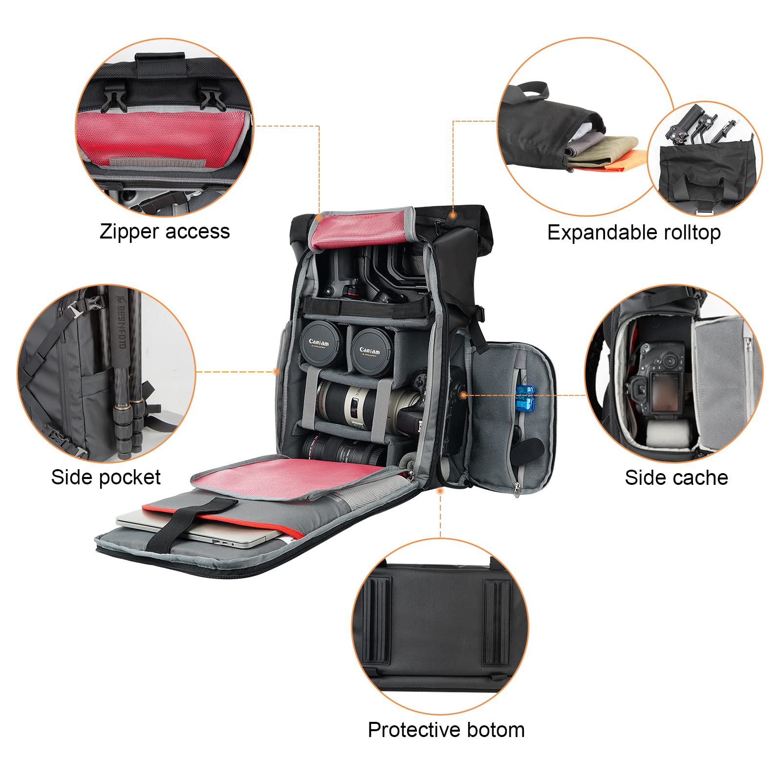 Besnfoto Camera Backpack for Photographer DSLR SLR Waterproof Camera Bag with Laptop Compartment Tipod Holder Roll Top Photographer Case for Hiking Traveling