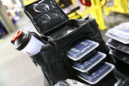 Meal Prep Bag ISOBAG 3 Meal Insulated Lunch Bag Cooler with 6 Stackable Meal Prep Containers, 2 Ice Pack ISOBRICKS, and Shoulder Strap - MADE IN USA (Blackout)