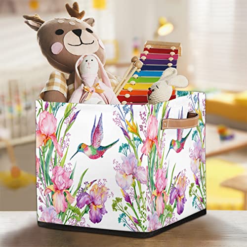 DJYQBFA Storage Basket Hummingbird Flowers Watercolor Collapsible Storage Bin with Handles Large Canvas Storage Cubes Toy Basket for Shelves Closet Nursery Cabinet Living Room Organizer 13x13x13