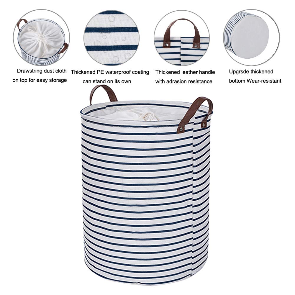 FRIENDIY Large Laundry Hamper, Removable Laundry Basket, foldable fabric laundry basket, drawstring waterproof round cotton linen storage basket. (Blue Strips, 17.7"/Medium)