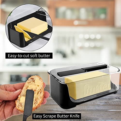 Butter Dish with Lid and Knife, Butter Container for Countertop, Butter Keeper for East West Coast Butter, Butter Keeper for Fridge(Black)