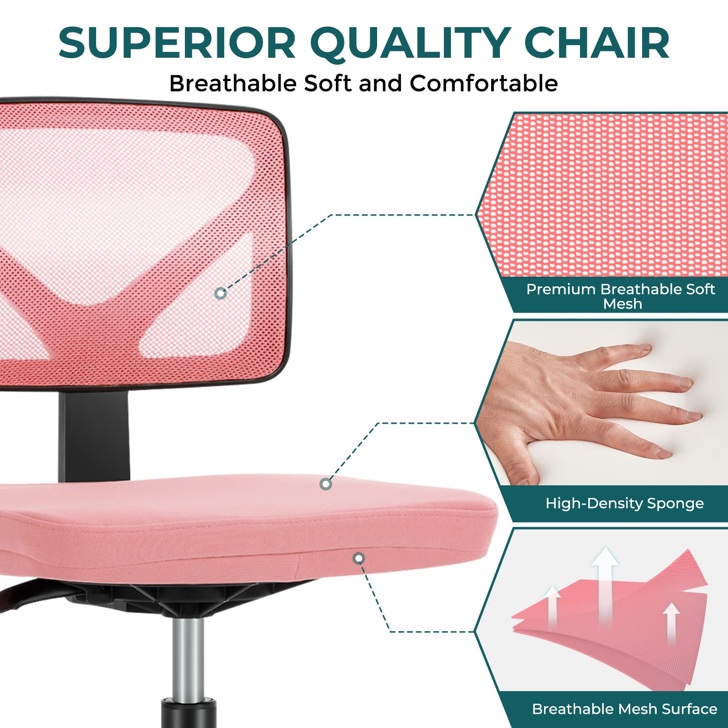 DUMOS Armless Desk Wheels Cute Home Office Chairs, Ergonomic Adjustable Swivel Rolling Task, Comfy Mesh Mid Back Computer Work Vanity Chair for Small Spaces, Light Pink