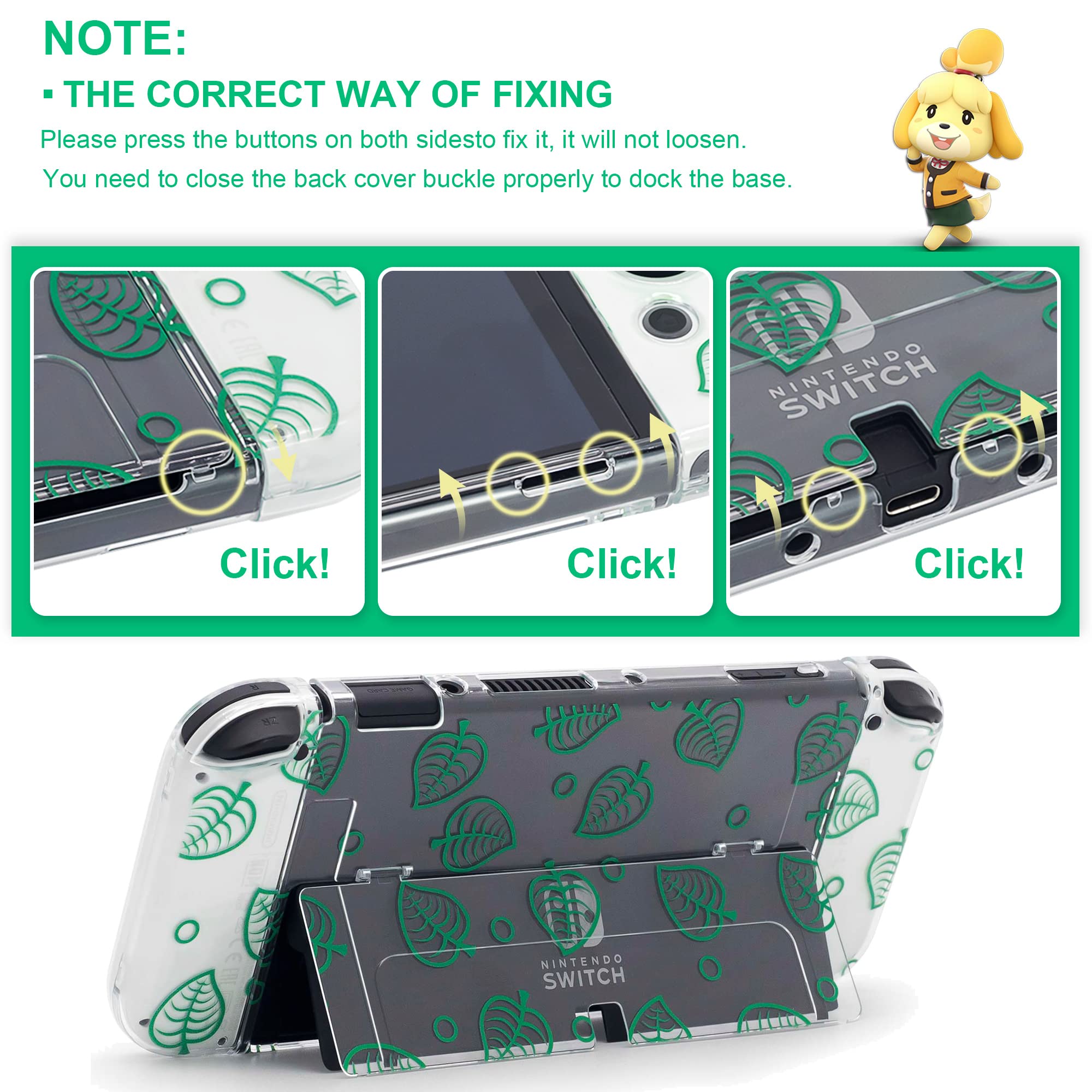 Carrying Case Kit for Switch OLED Accessories Bundle Leaf Potable Carry Storage Bag for Animal Crossing with Cute Pendant / Dockable Clear Cover / Screen Protector Protective Thumb Grip Caps