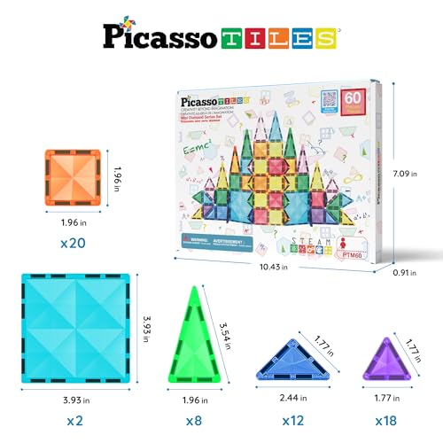 PicassoTiles 60 Piece Magnetic Building Block Mini Diamond Series Travel Size On-The-Go Construction Toy Set STEM Learning Kit Educational Playset Child Brain Development Stacking Blocks PTM60