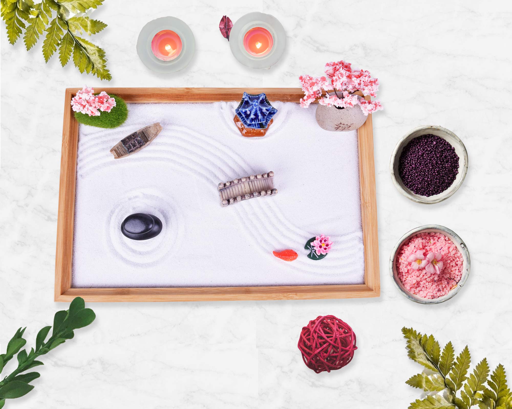 Japanese Zen Garden - Home & Office Desk Mini Garden with Rock Vase Fish Bridge Boat Cherry Trees - Meditation Gift Set for Relaxation - 3 Rake Tools and Zen Accessories (Rectangular)