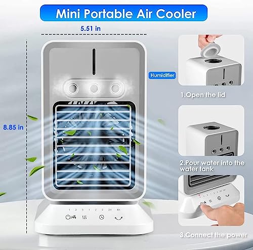 Portable Air Conditioner, 4 IN 1 Evaporative Air Cooler, Personal Mini Air Cooler with 3 Wind Speeds and 3 Cool Mist & 2-4H Timer, 90°Rotation Desktop Cooling Fan for for Home Room Camping Car Office