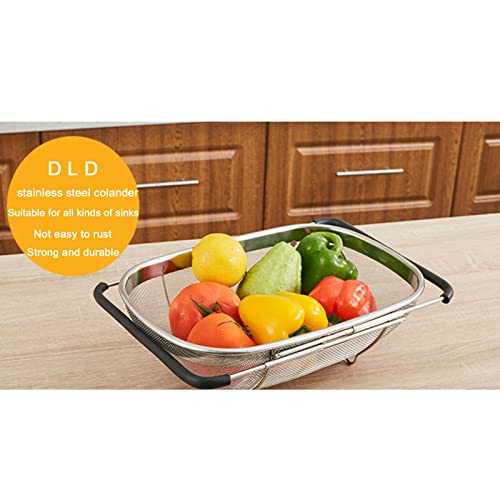 DLD colander stainless steel oval colander with fine mesh 6-quart strainer basket and expandable rubber handle-filter, drain and rinse fruits and vegetables