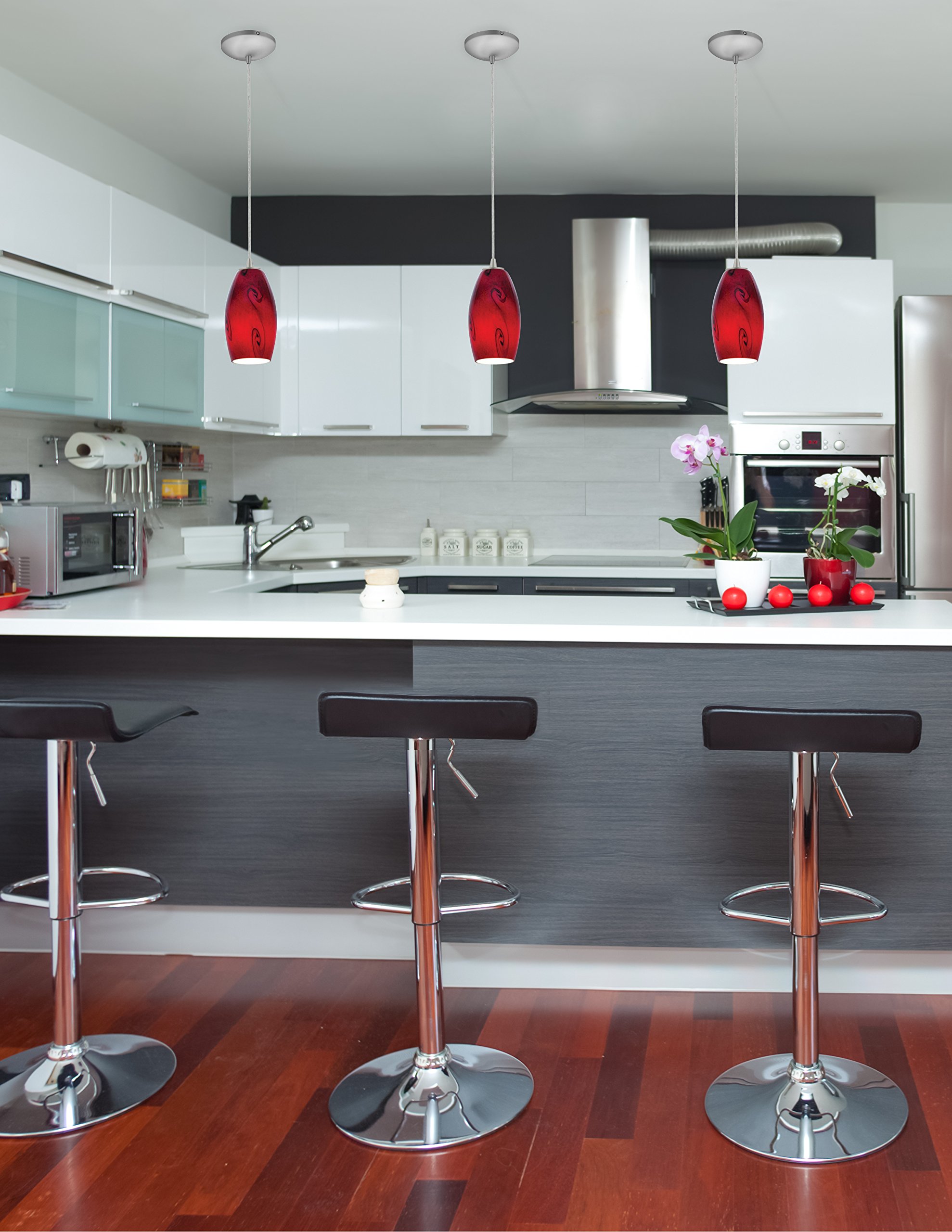 Merlot Glass Pendant - Cord - Brushed Steel Finish - Red Sky Glass Shade