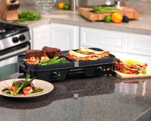 Hamilton Beach 3-in-1 Electric Indoor Grill + Griddle, 8-Serving, Reversible Nonstick Plates, Black & Durathon Ceramic Electric Skillet with Removable 12x15β Pan, Adjustable Temperature