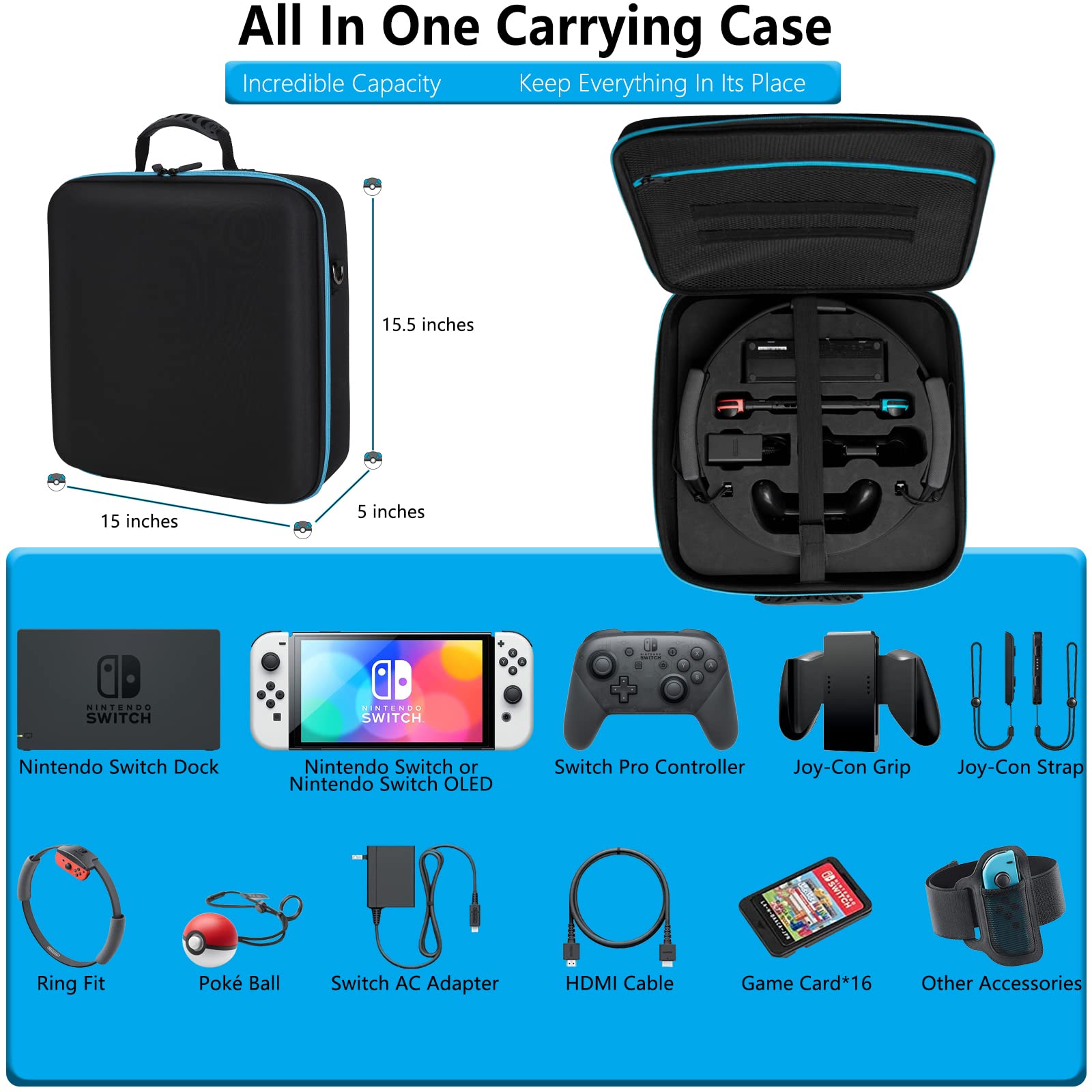 Carrying Storage Case for Nintendo Switch/Switch OLED Model/Ring Fit Adventure, Portable Travel All Protective Hard Messenger Bag Soft Lining 16 Games for Switch Console Pro Controller & Accessories
