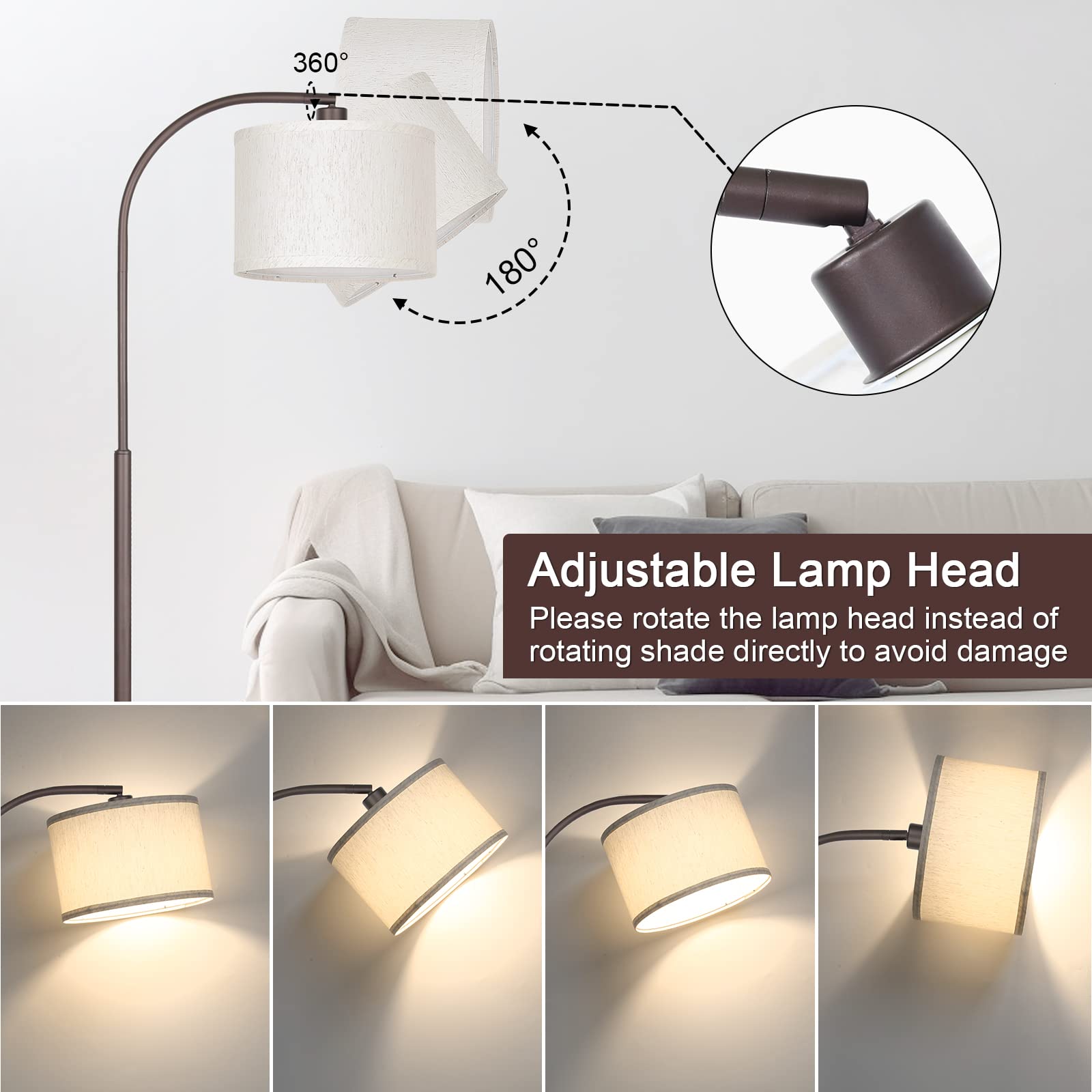 Boncoo Dimmable Floor Lamp, Arc Standing Lamp with Stepless Dimmer, Brown Floor Lamp with Adjustable Linen Beige Shade for Living Room Bedroom Study Room Office, 9W 3000K LED Bulb Included