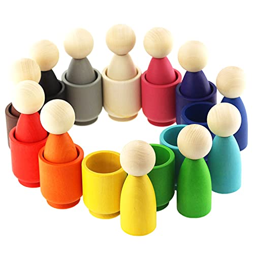 Ulanik Large Peg Dolls in Cups Toddler Montessori Toys for 3 Year Old + Kids Wooden Waldorf Dolls for Learning Color Sorting and Counting — 12 Gnomes, 3.35 in