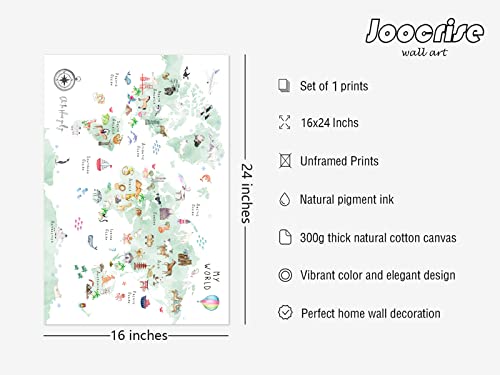 Joocrise Green Kids World Map Wall Art Animal Map Canvas Wall Art Educational Wall Art Nursery Wall Decor World Map Poster Childrens Room Decor Playroom Prints 16x24 Inch Unframed