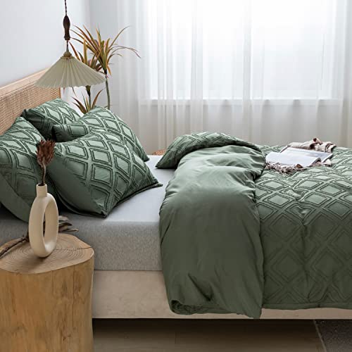 JELLYMONI Green Duvet Cover Twin Size - 3 PCS Microfiber Tufted Duvet Cover Set, Boho Textured Duvet Cover Jacquard Rhombus Geometric Pattern Duvet Cover with Corner Ties & Zipper Closure