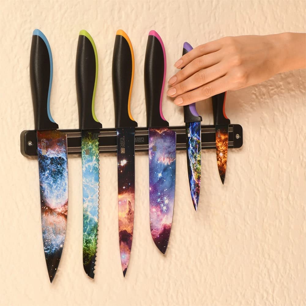 CHEF'S VISION Cosmos Knife Set Bundled With BEHOLD Wall-Mounted Magnetic Holder Black