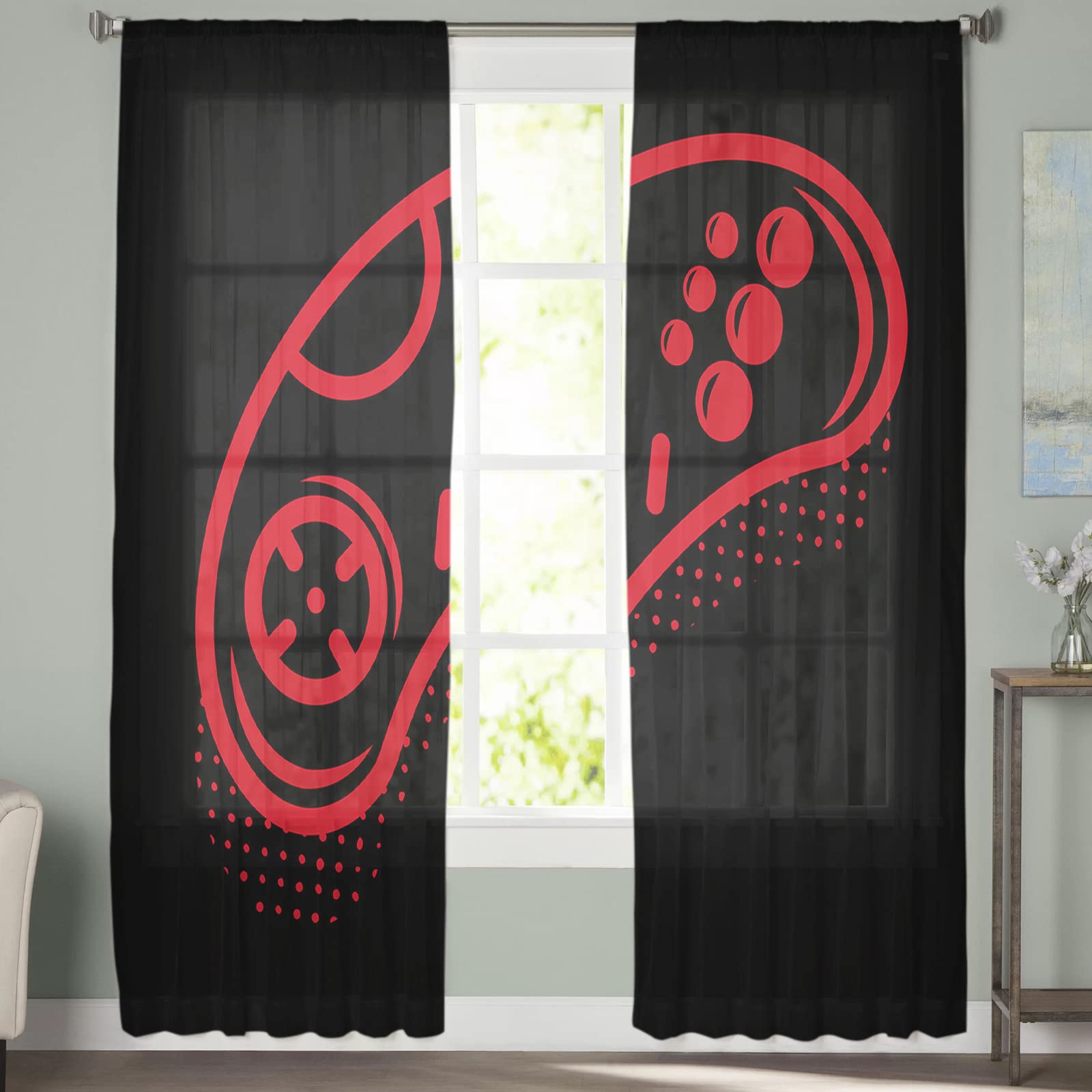 Video Game Window Semi Sheer Curtains for Bedroom Living Room, Red Gamepad Games Controller Gamer Black Rod Pocket Chiffon Voile Sheer Drapes Curtain 84 Inch Length 2 Panels Set