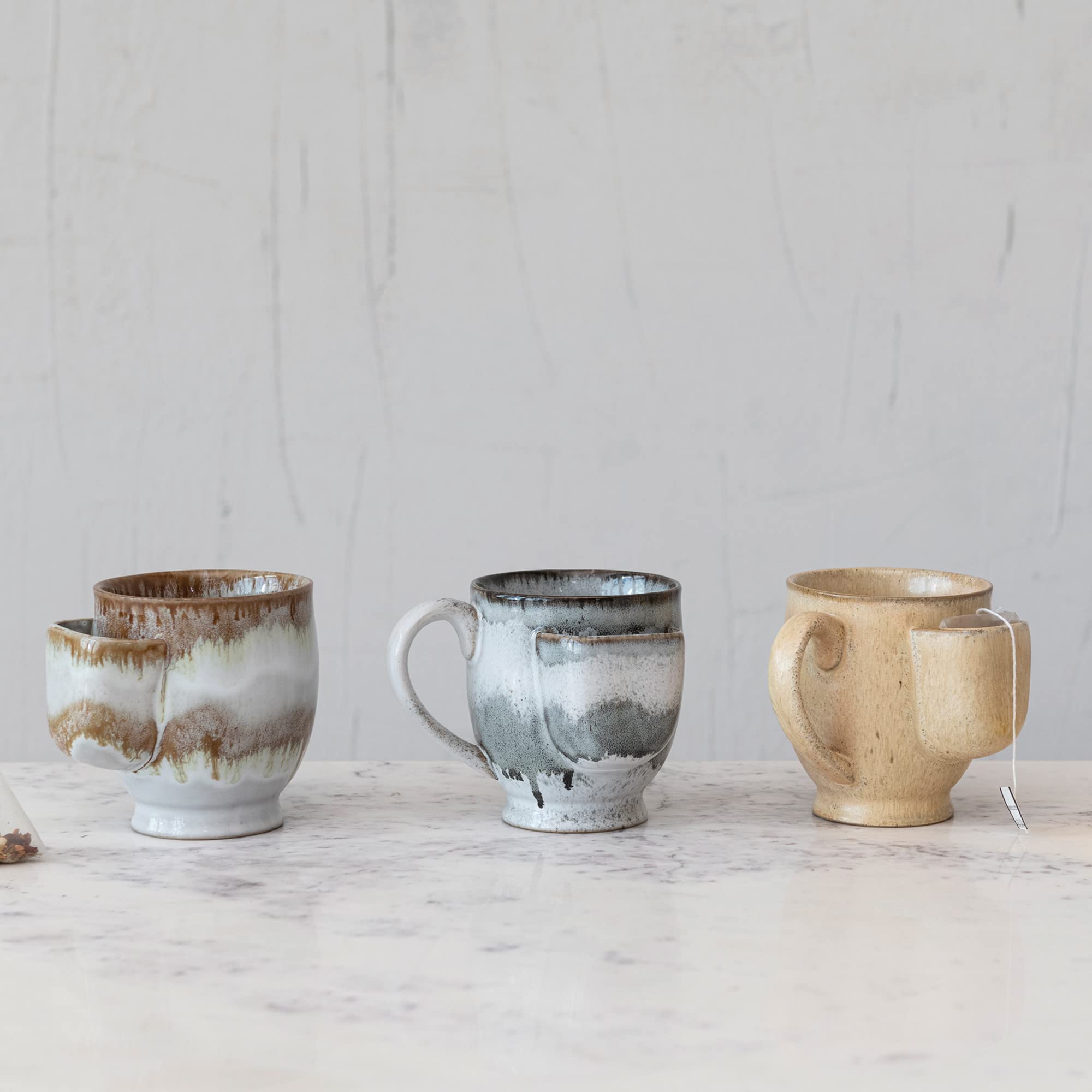 Creative Co-Op Stoneware Tea Bag Holder, Set of 3 Colors, Reactive Glaze Mug, Multi