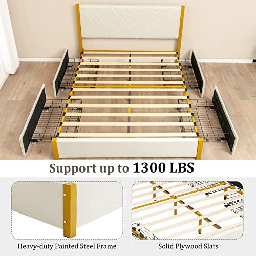 Giantex Full Size Upholstered Bed Frame, Wooden Slatted Bed with Adjustable Headboard & 4 Storage Drawers, Deluxe Platform Bed Frame with 1300 LBS Weight Capacity, No Box Spring Needed, Gold&Beige