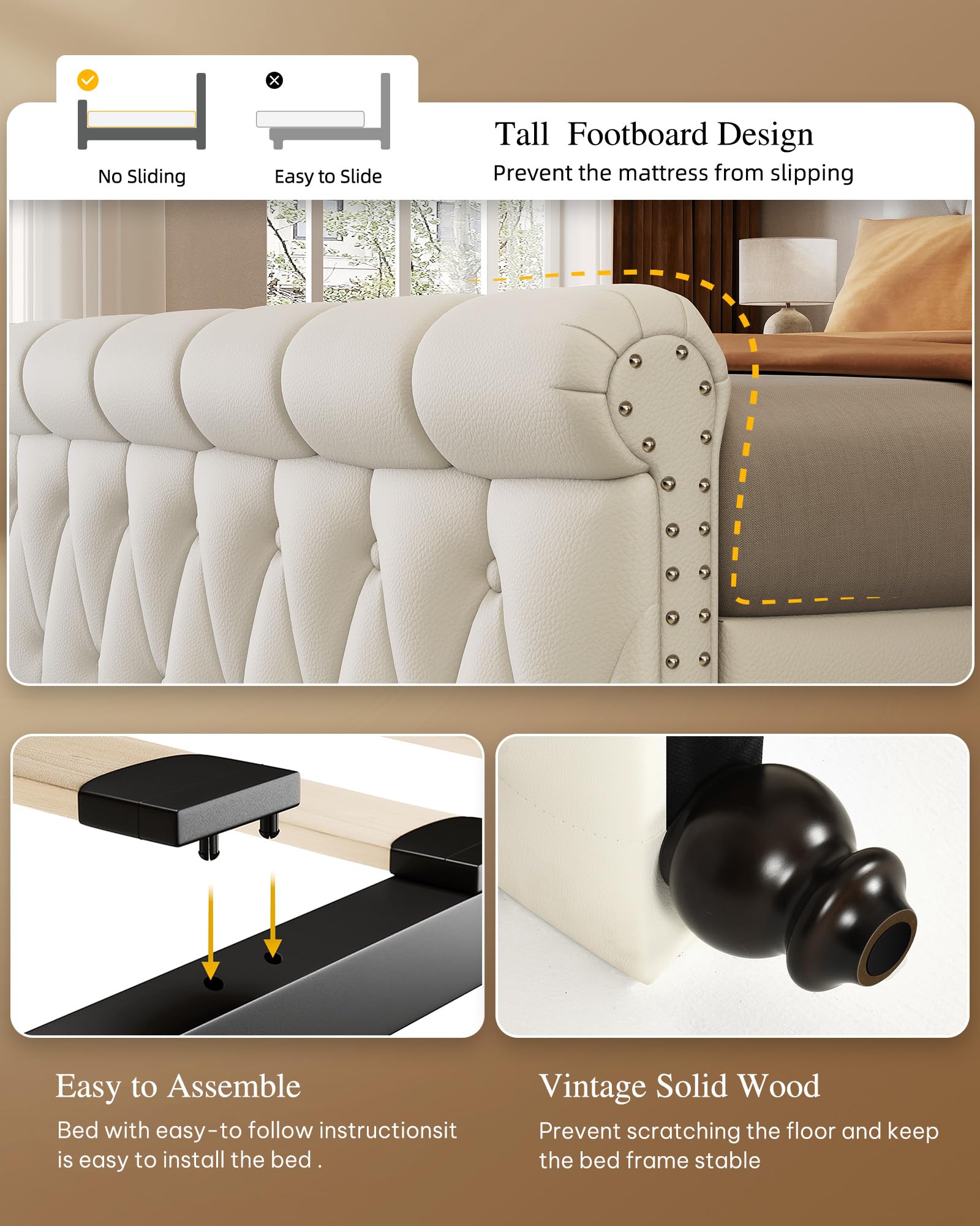 DWVO King Size Platform Bed Frame with 58" Tall Headboard and Footboard, PU Leather Upholstered Platform Bed with Solid Wood Leg, Button Tufted, No Box Spring Needed, Easy Assembly, Beige