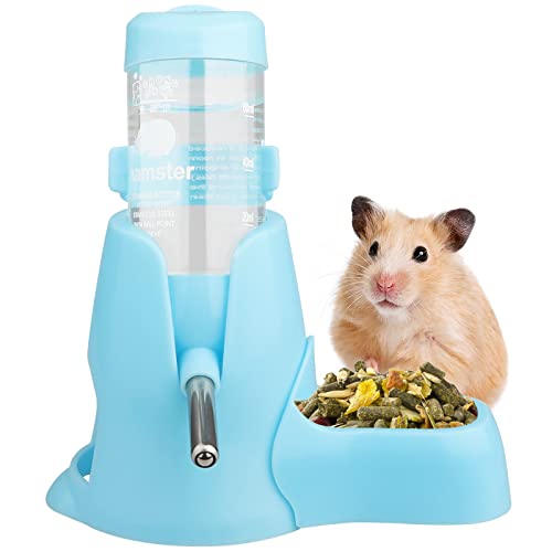 Hamster Water Bottle, [3 in 1-2.7oz] Diyife Guinea Pig Water Bottle No Drip, 80ml Small Animal Auto Dispenser with Food Container Base for Hamster Bunny Chinchilla Squirrel, Small Pets (Blue)