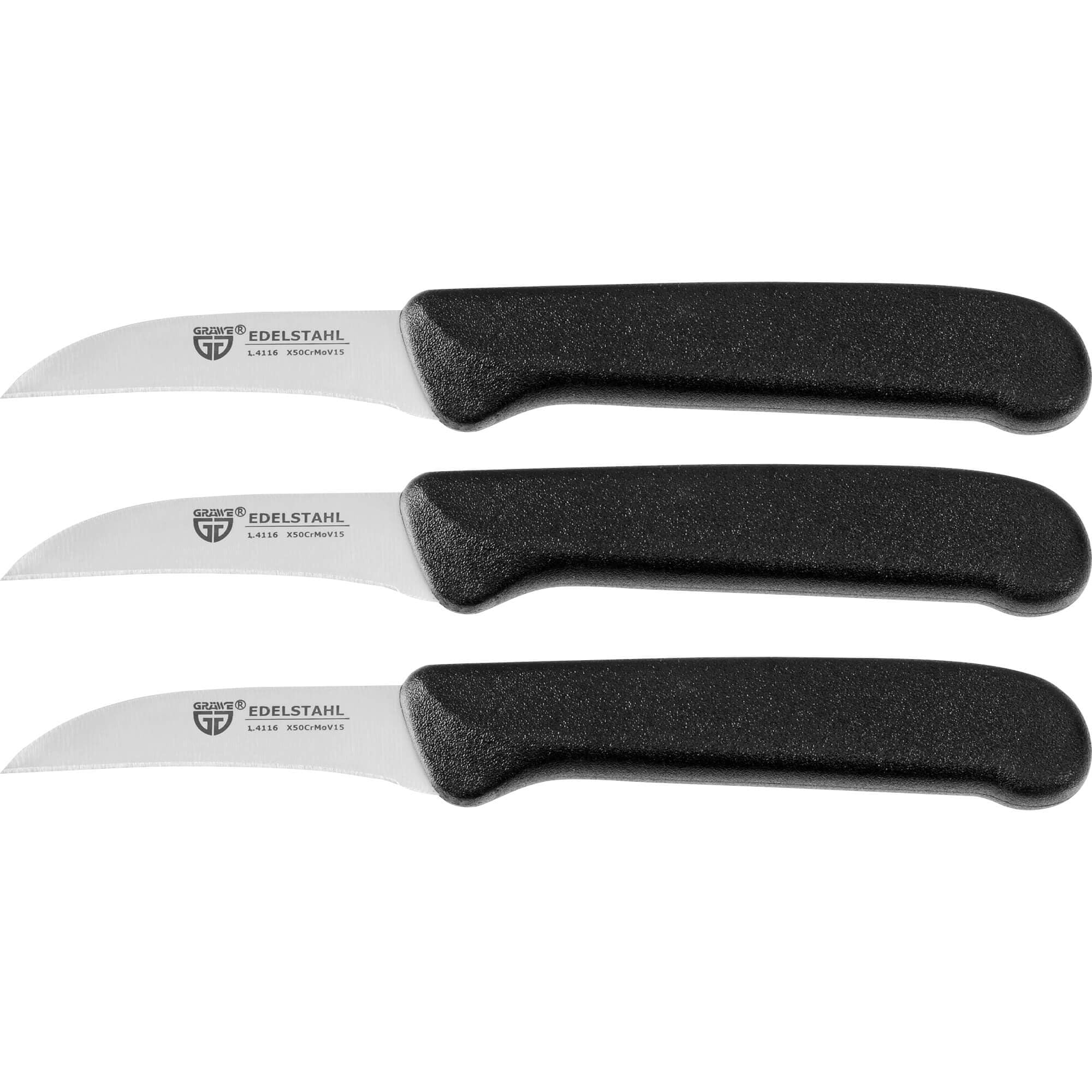 GRÄWE fruit knife, set of 3, paring knife, small kitchen knife set, paring knife, stainless steel, black, super sharp edge