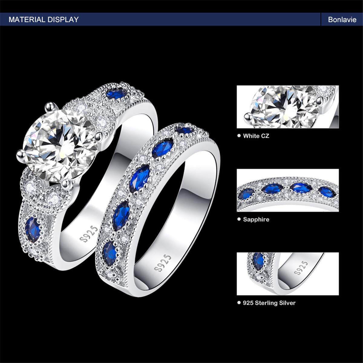 BONLAVIE 3.5ct Round Cut Cubic Zirconia Ring Wedding Ring Set Created Blue Sapphire Women's Bridal Rings Sets 925 Sterling Silver Ring Rhodium Plated Blue Engagement Ring Size 7