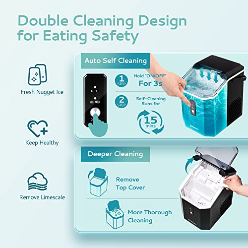 EUHOMY Nugget Ice Maker Countertop with Handle, Ready in 6 Mins, 33lbs/24H, Removable Top Cover, Auto-Cleaning, Portable Pebble Ice Maker with Basket and Scoop, for Home/Party/Camping. (Black)