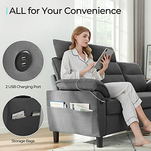LINSY HOME Convertible Sectional Couch, 3 Seat L Shaped Sofa with 2 USB Ports and Storage Bags, Small Sectional Sofa Set for Living Room, Apartment, Dark Gray