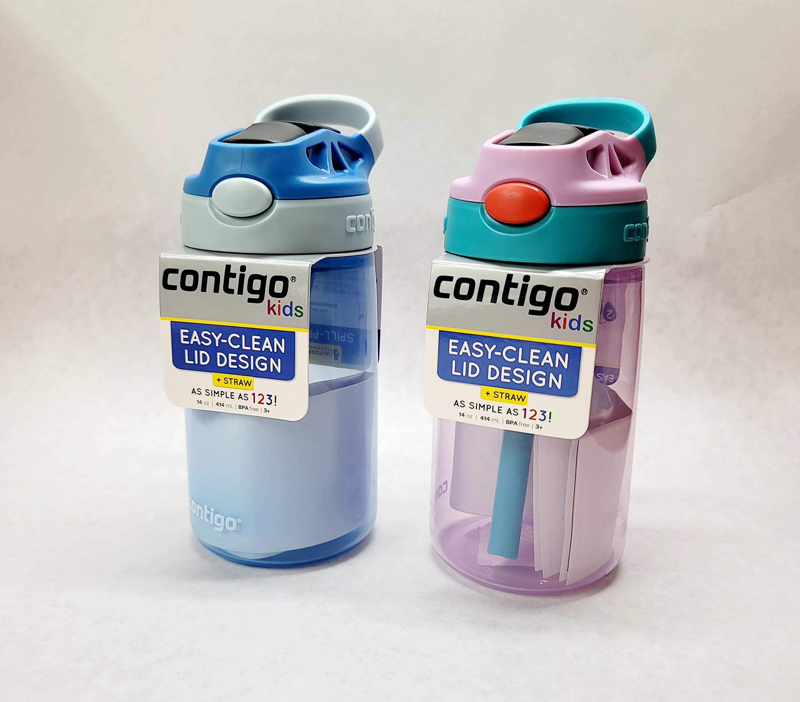 Contigo Kids Autospout Water Bottle, 2 Pack - Plastic, 14oz - Leak and Spill Proof Bottles, Ideal for Travel and Activities, Easy-Clean - Cotton Candy/Grape Sorbet