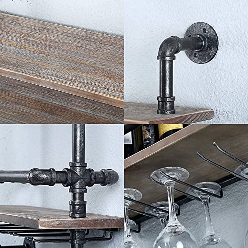 Industrial Pipe Shelf Wine Rack Wall Mounted with 9 Stem Glass Holder,3-Tiers Rustic Floating Bar Shelves Wine Shelf,36in Real Wood Shelves Wall Shelf Unit,Steam Punk Pipe Shelving Wine Glass Rack