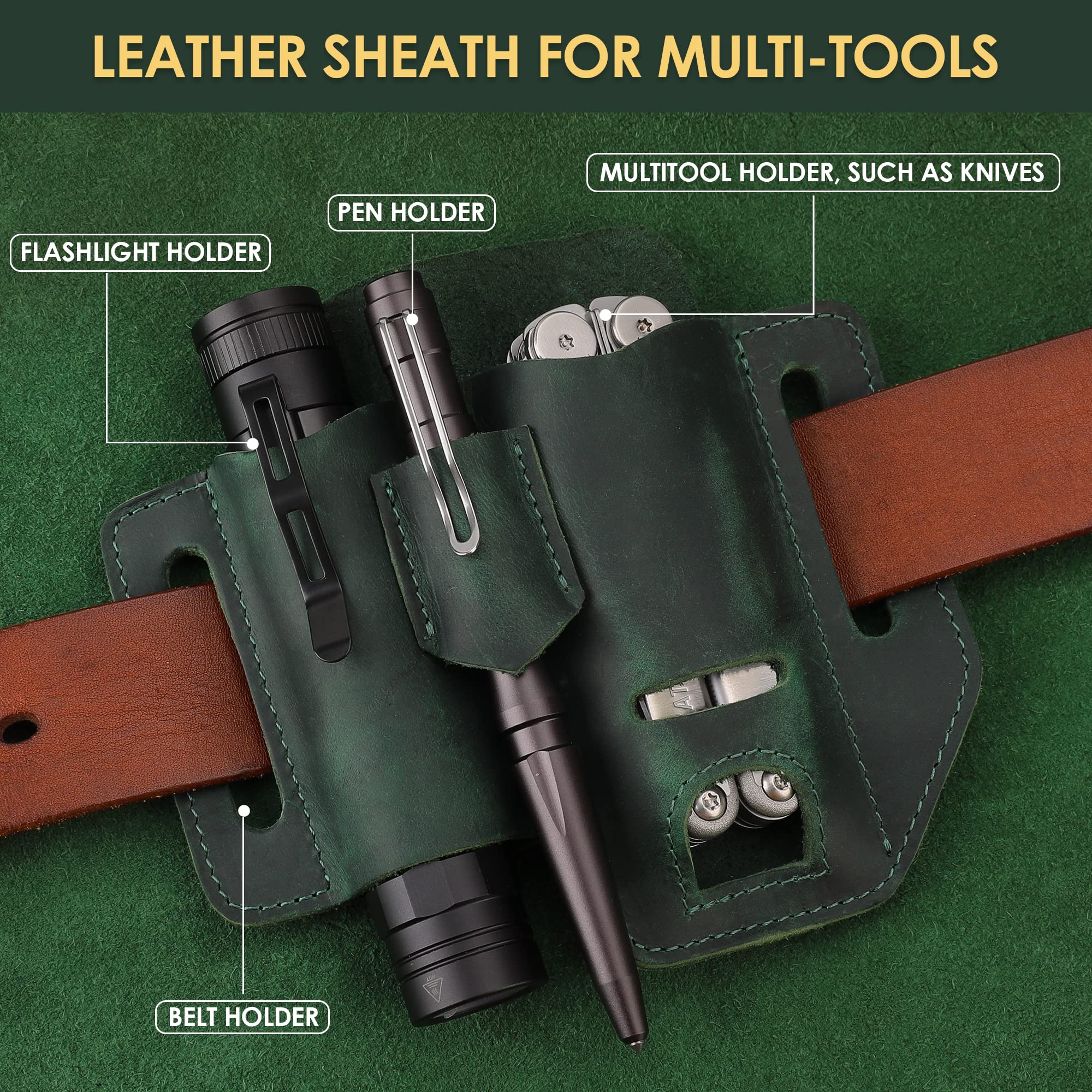 KEVANCHO Multitool Sheath for Belt, Leather Tool Pouch Belt Holster Bag, EDC Pouch Pocket Organizer Case for Knife, Flashlight, Tactical Pen, Camping and Outdoor, Gift for Men, Him, Dad