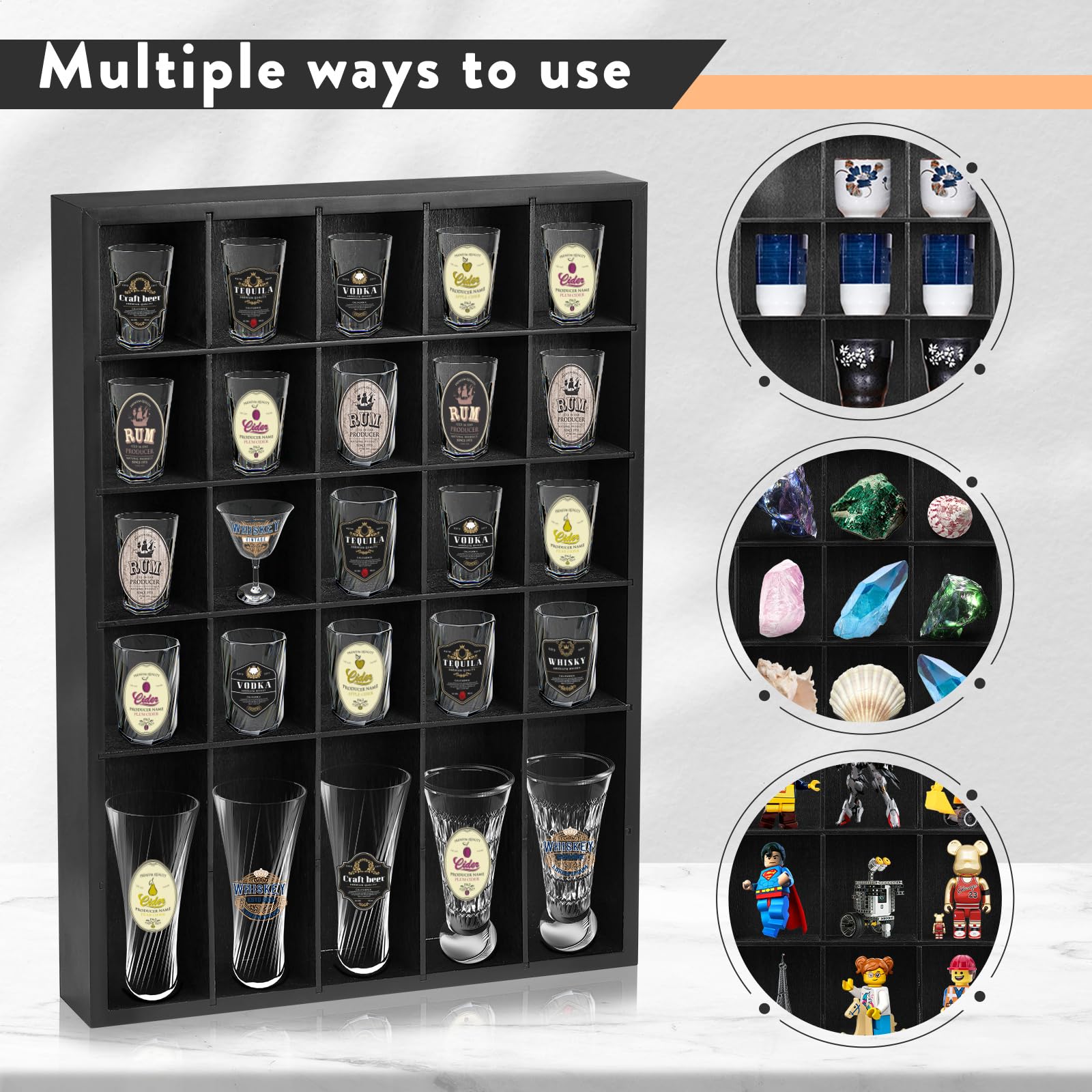 DARCKLE Shot Glass Display Case for Wall, Wood Holds Set of 30 Glasses Shot Glass Holder Display Shelf, 17'' x 12''-3'' x 2'' (Black, 1PCS)