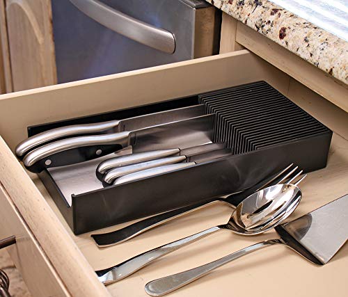 Plastic KNIFEdock - In-Drawer Knife Storage for your kitchen. Replace your knife block with a revolutionary product. Clear your counter top of clutter, and easily identify the desired knife. KNIFEdock