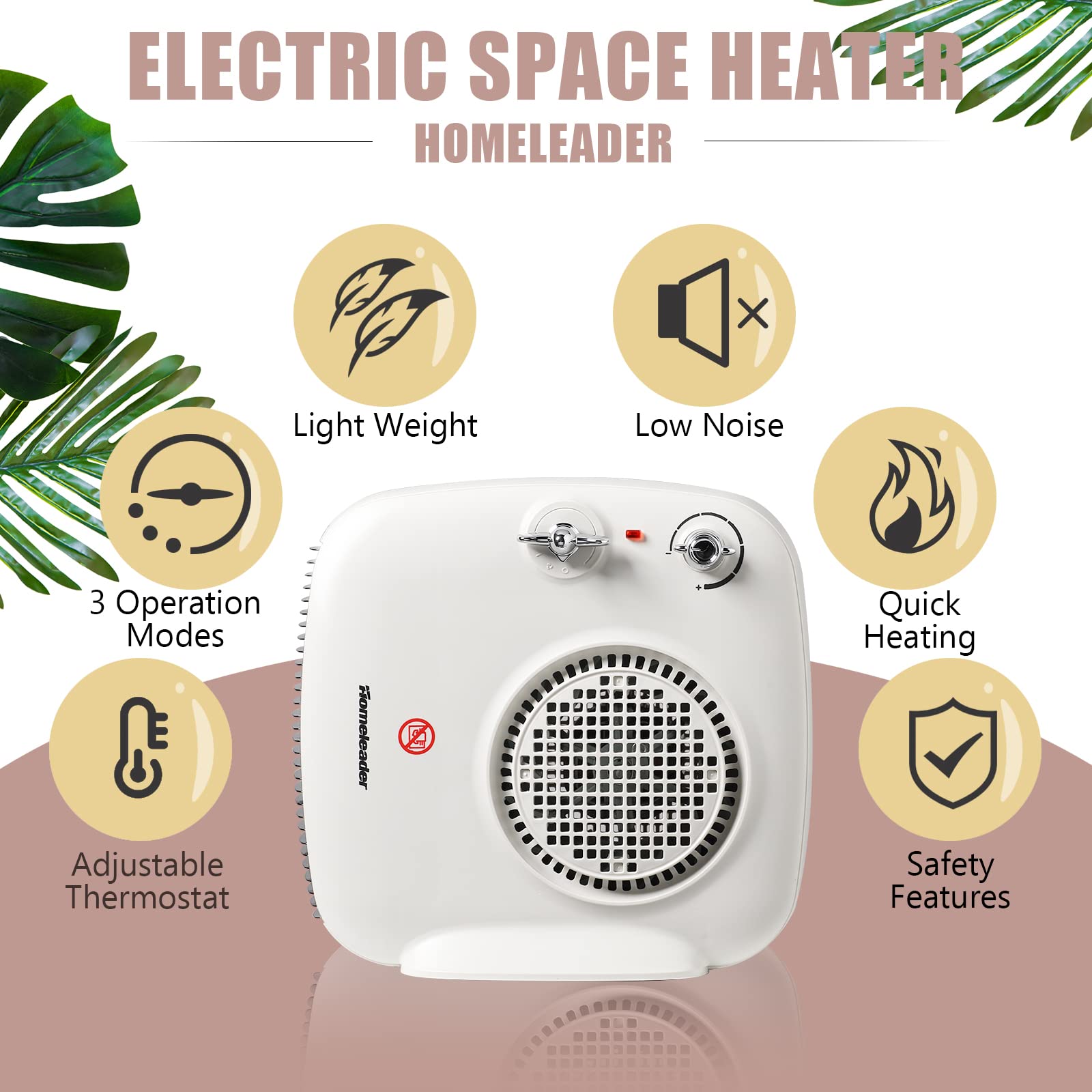 Portable Fan Heater, Homeleader 750W/1500W Electric Space Heater with Adjustable Thermostat, Room Heater for Home Office Q7