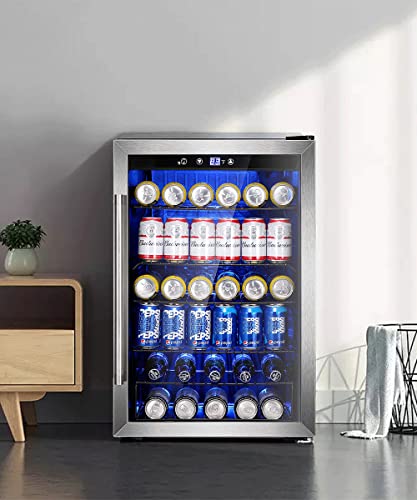 Joy Pebble Mini Fridge Beverage Cooler - 128 Can mini fridge with glass door for Soda Beer or Wine -Drink Dispenser Small Refrigerator with Adjustable Thermostat for Office Home (4.4 cu.ft)